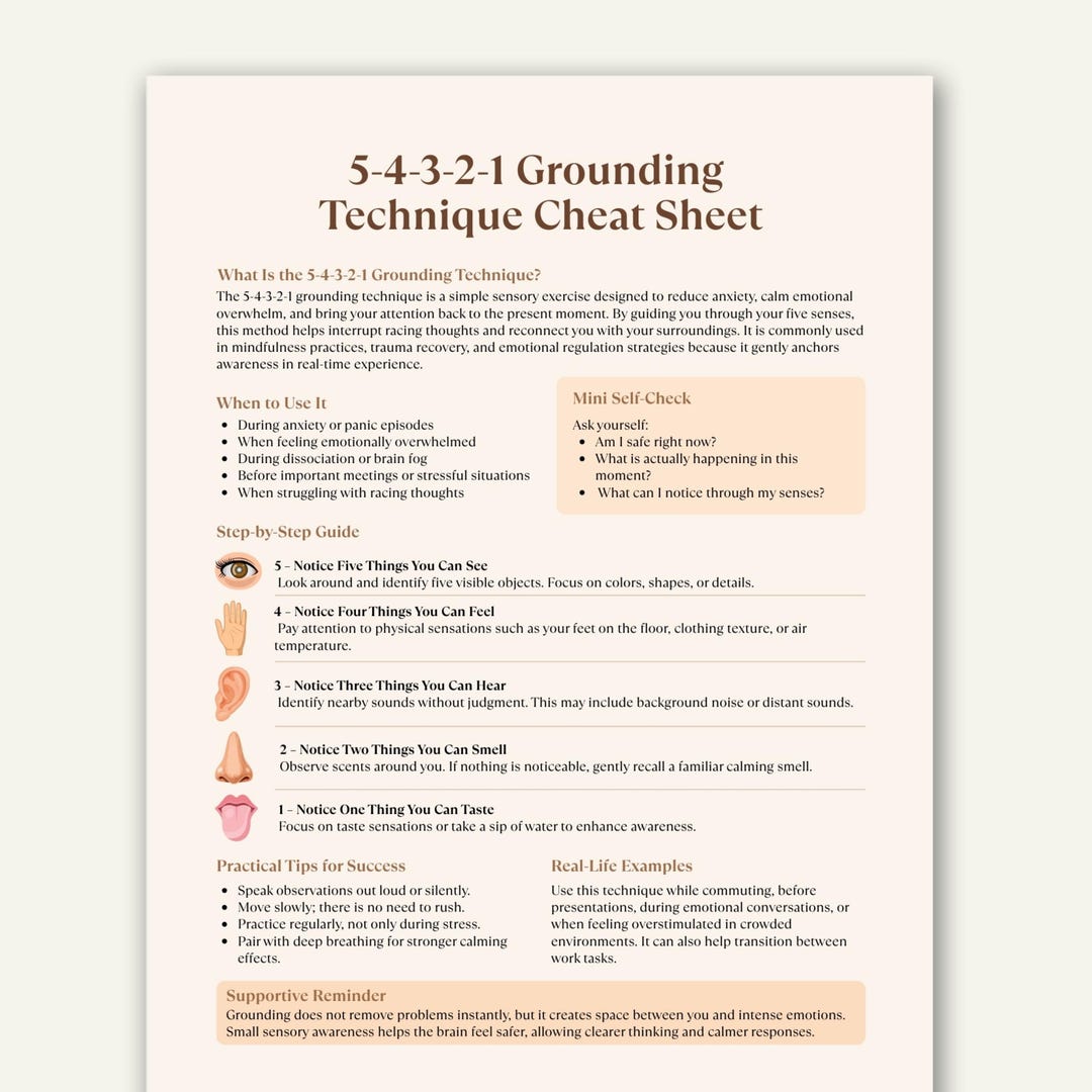 5-4-3-2-1 Grounding Technique Cheat Sheet, Anxiety Relief Printable ...