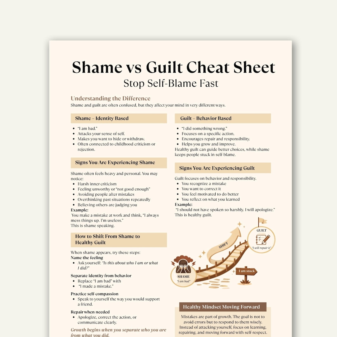 Shame Vs Guilt Cheat Sheet Printable, Stop Self Blame, Emotional ...