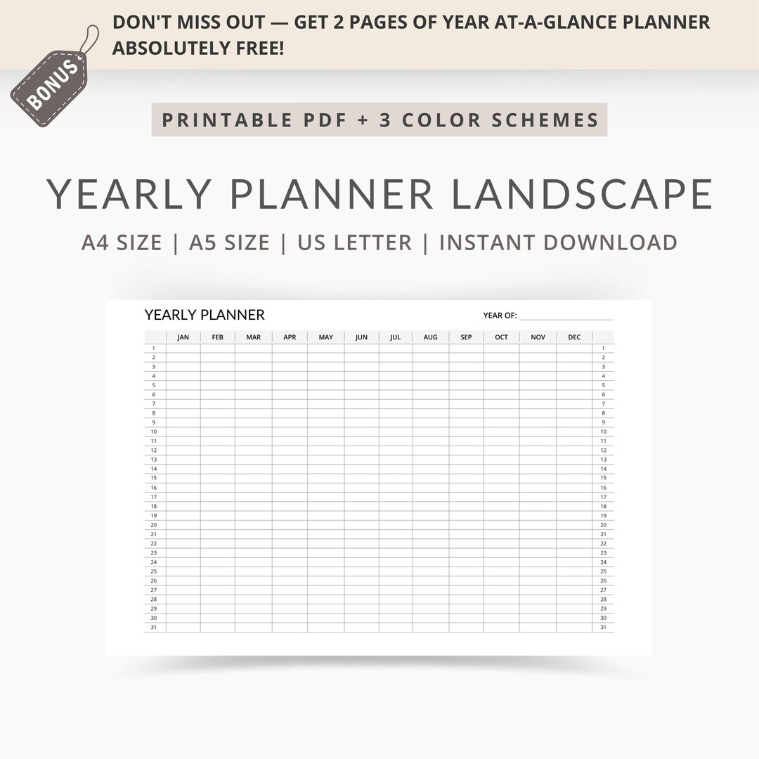 Full Year Planner Landscape Annual Year Overview PDF Monthly Inserts ...
