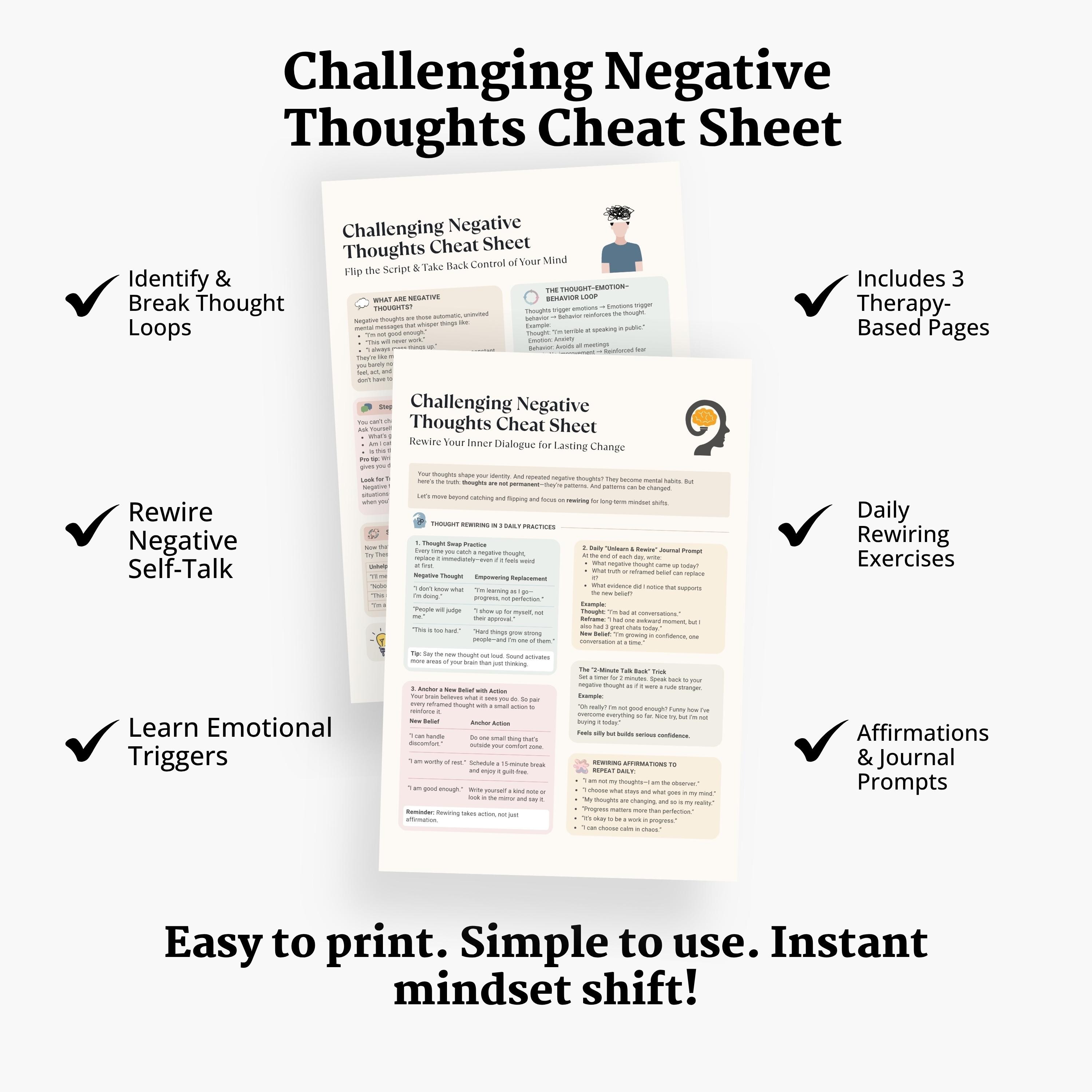 Challenging Negative Thoughts Cheat Sheet, CBT Thought Reframing ...