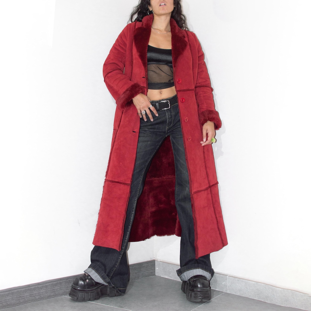 Vintage Y2k Vampy Goth Red Faux Fur Long Single Breasted Overcoat ...