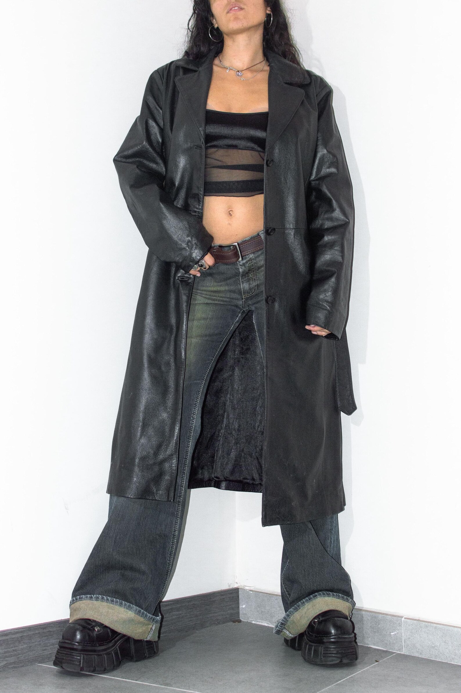 Vintage 90s Matrix Long Real Leather Trench Coat Grungy Genuine Leather ...