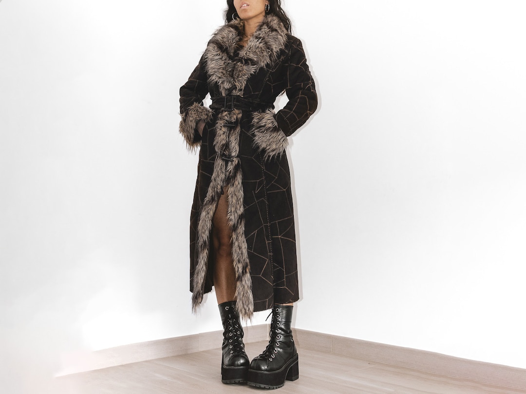 2000s Vintage Patchwork Long Black Afghan Coat - Y2k Faux Fur Trim ...