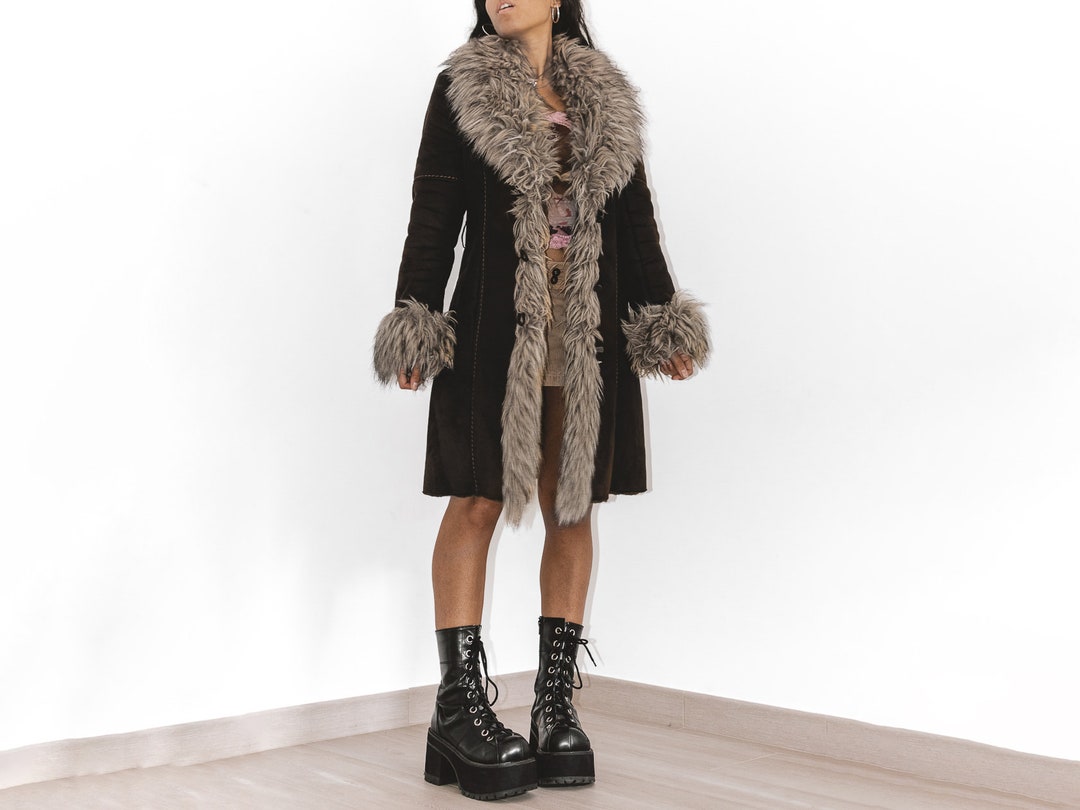 Vintage 2000s Thick Faux Fur Trim Coat Hippie Fur Coat Y2k Fluffy Black ...