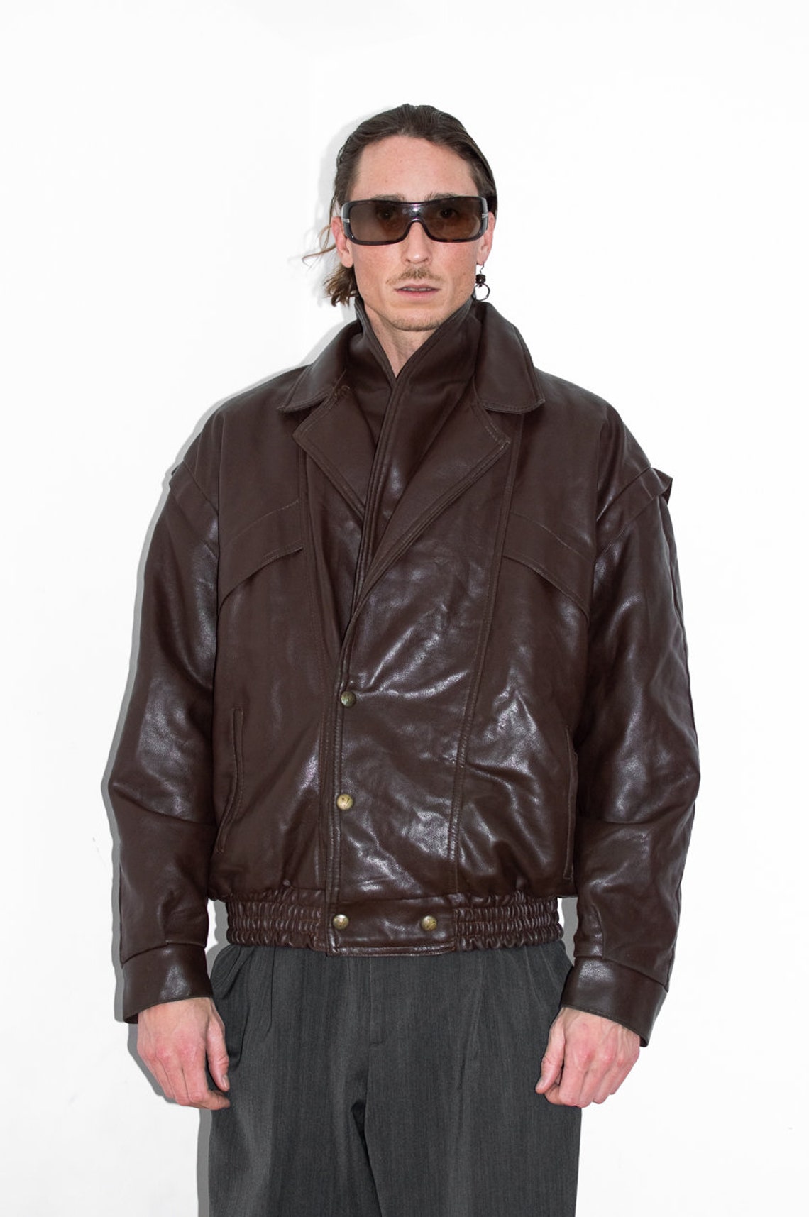 90s Oversize Genuine Brown Leather Zip Trough Bomber Jacket Graphic ...