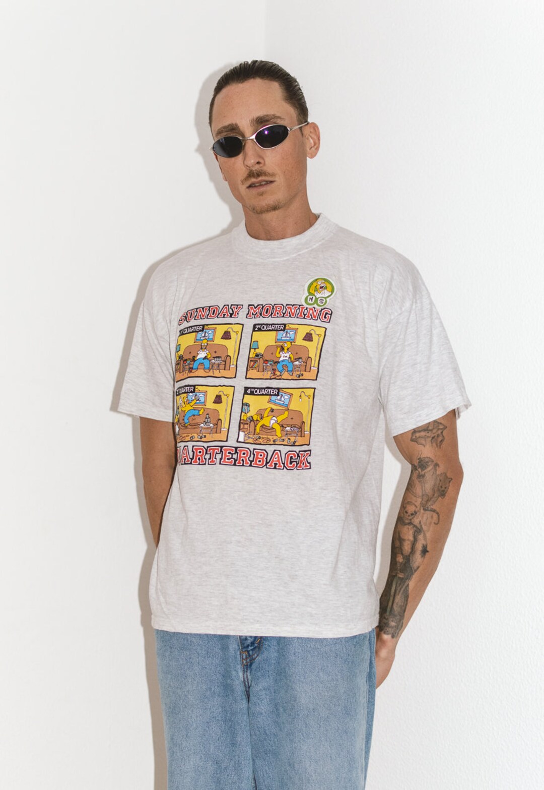Vintage Y2K Grey Faded Homer Simpson Sunday Routine Cartoon Graphic ...