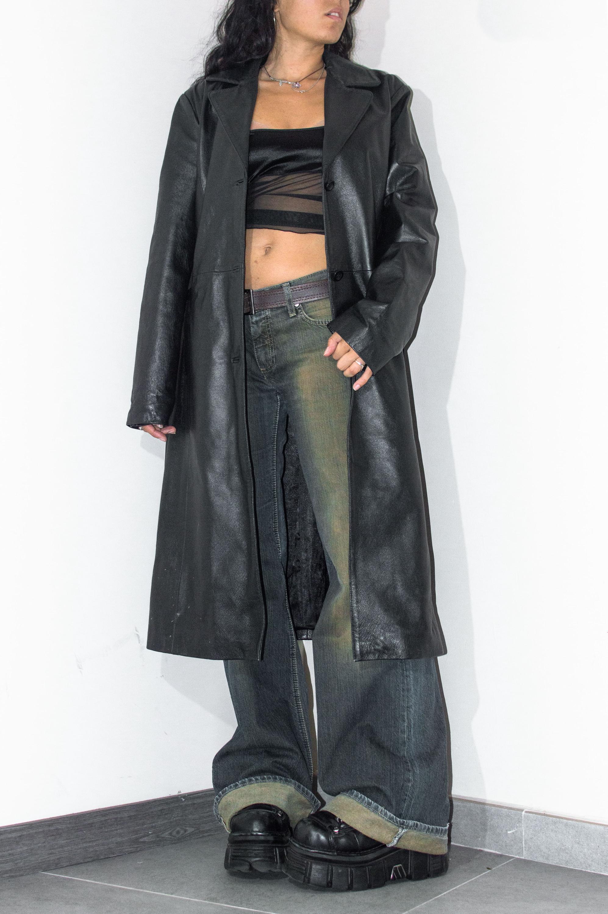 Vintage 90s Matrix Long Real Leather Trench Coat Grungy Genuine Leather ...