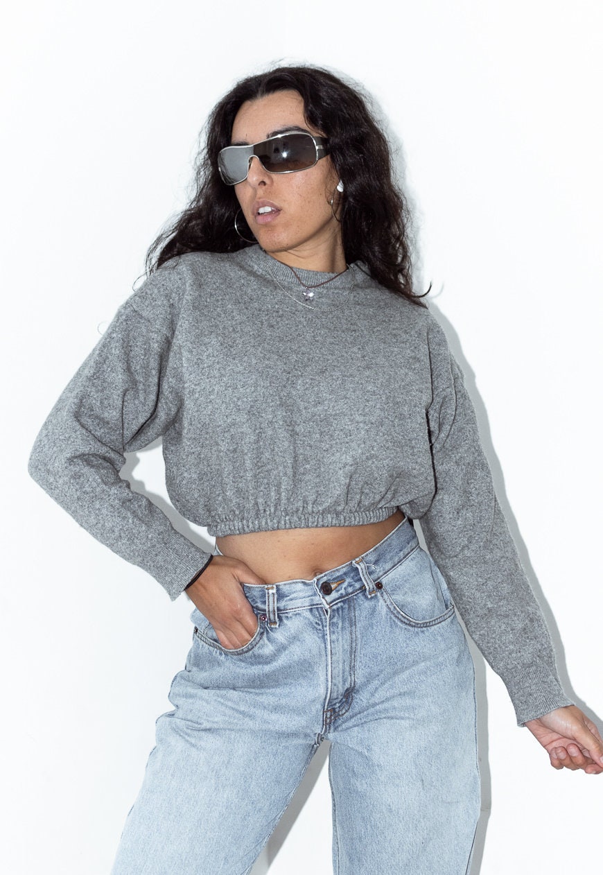 Upcycled Wool Crop Sweater in Grey Plain Crew Neck Jumper - Etsy