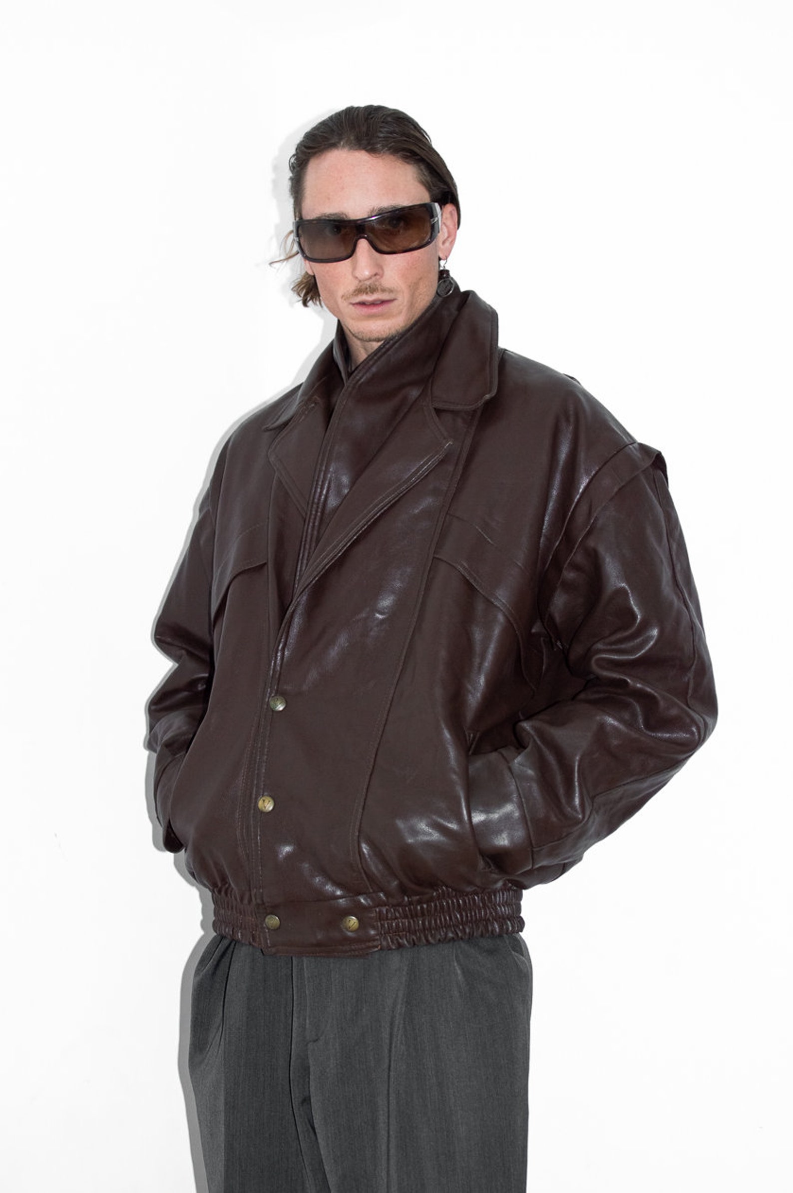 90s Oversize Genuine Brown Leather Zip Trough Bomber Jacket Graphic ...