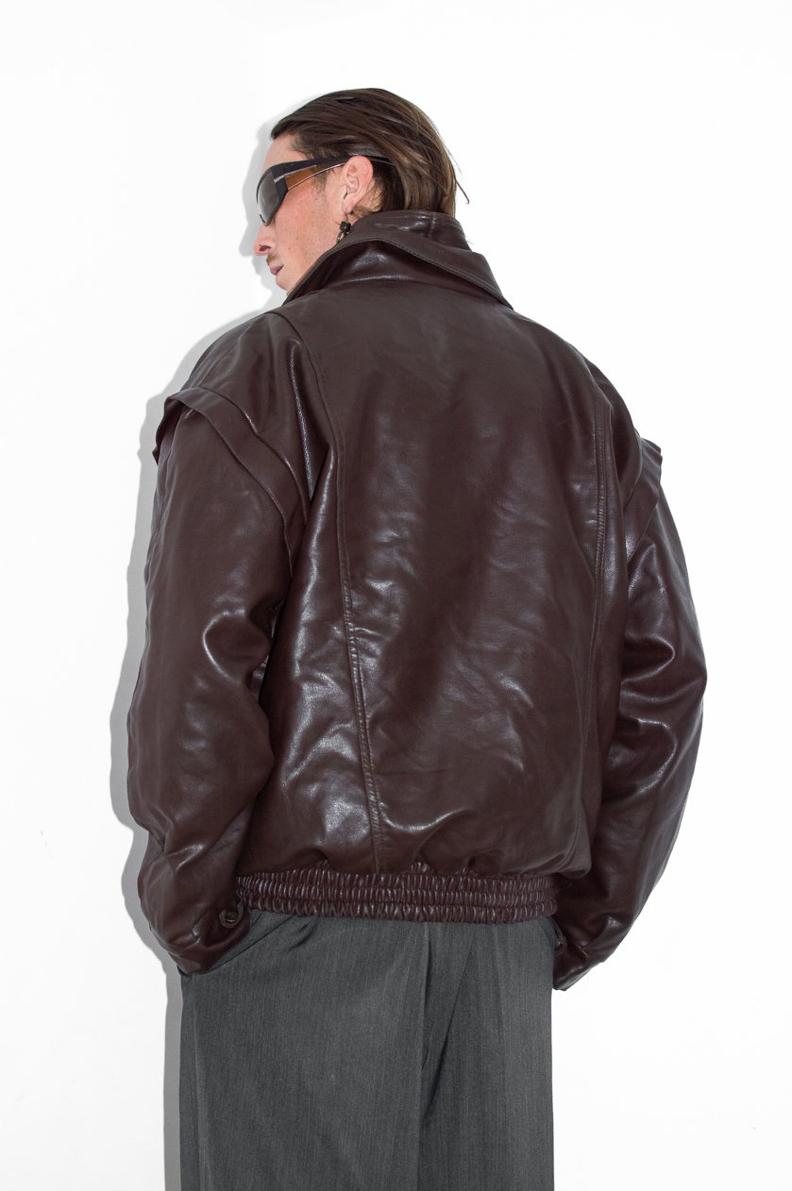 90s Oversize Genuine Brown Leather Zip Trough Bomber Jacket Graphic ...