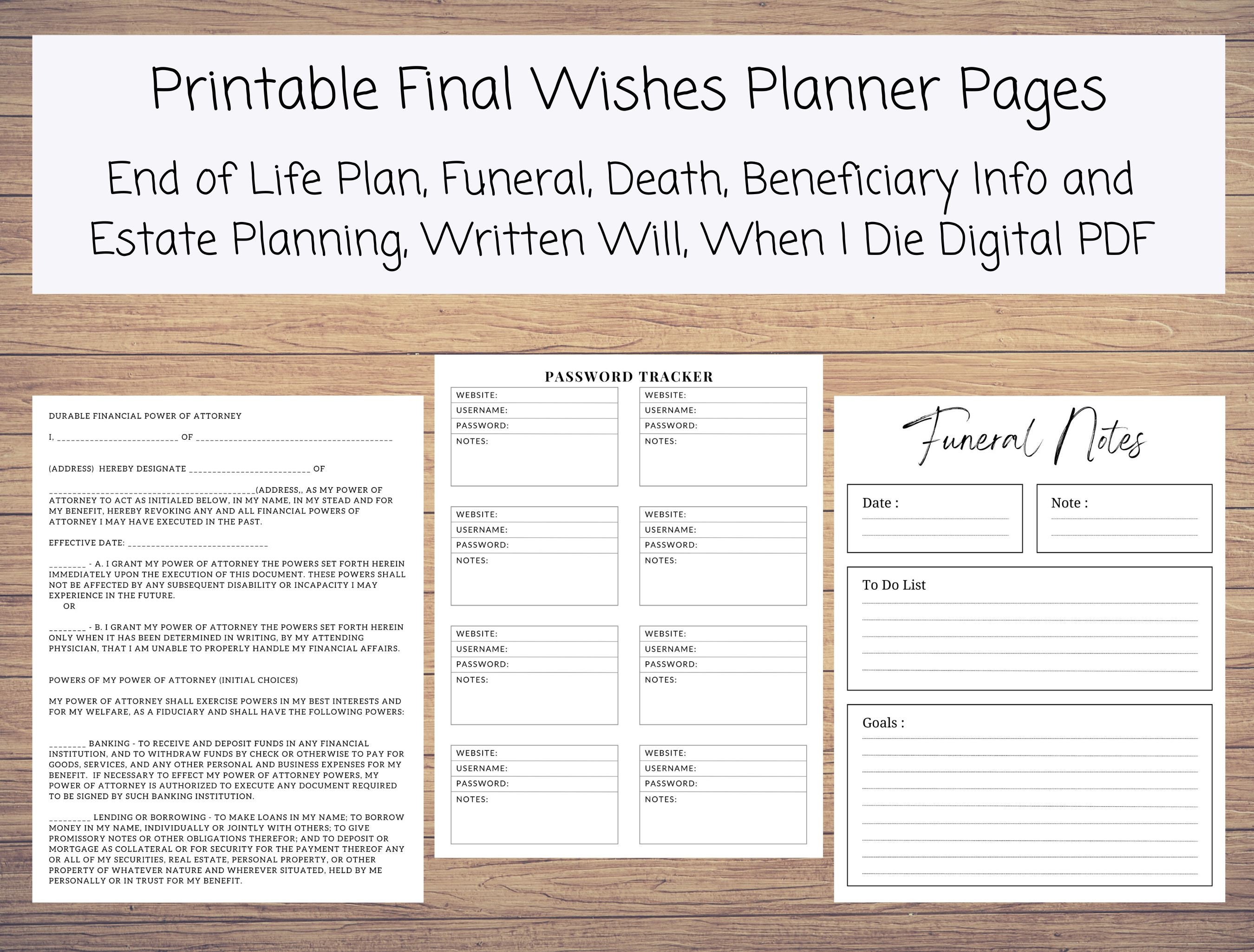 Printable End of Life Planner, Final Wishes Plan, Funeral, Death ...