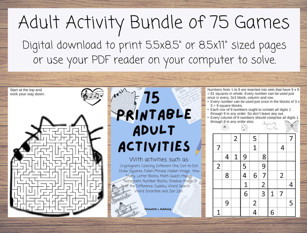 75 Printable Adult Activities, Adult Games: Coloring, Spot Difference ...
