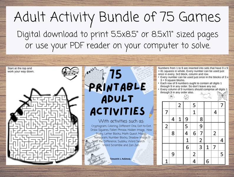 75 Printable Adult Activities, Adult Games: Coloring, Spot Difference ...