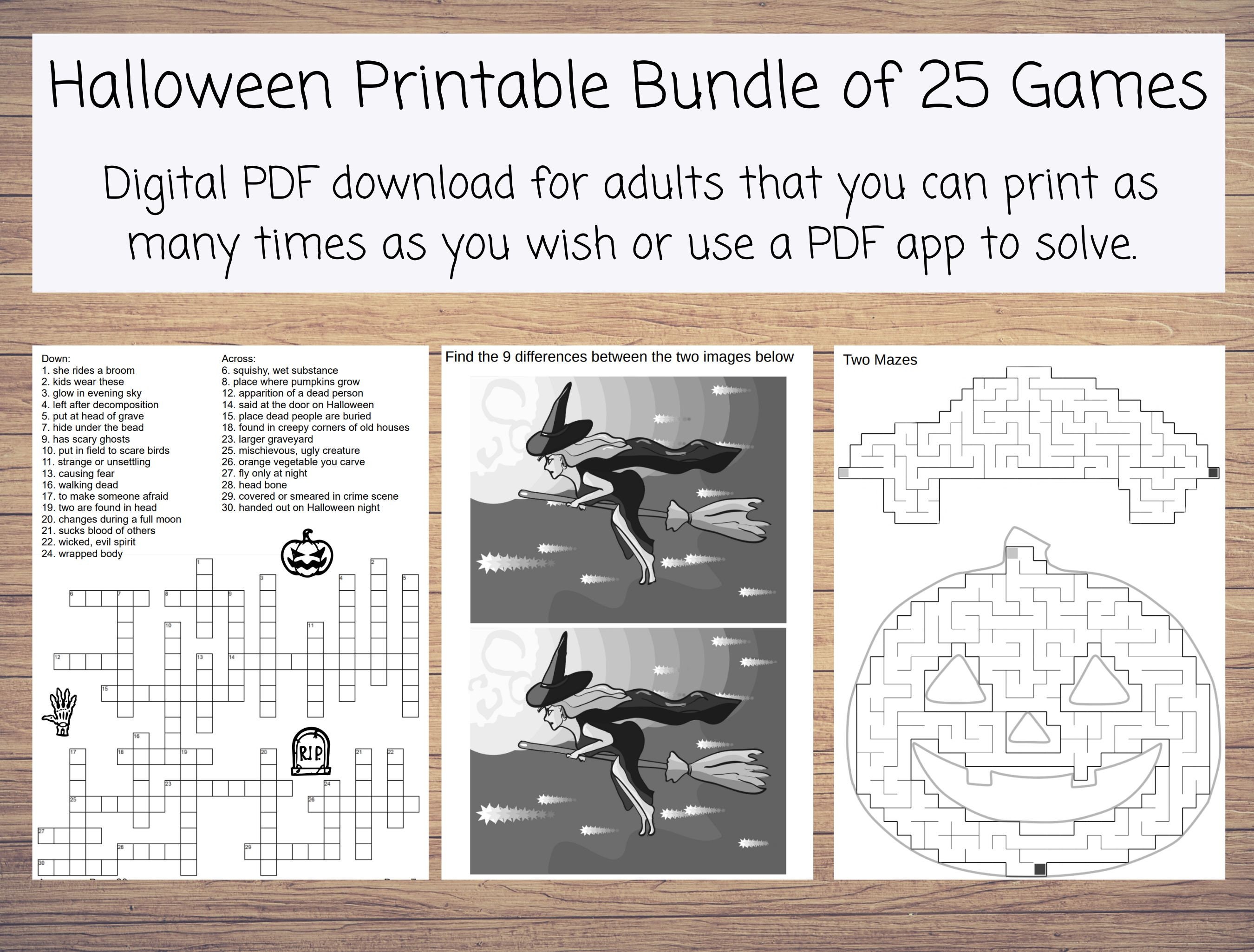 Halloween Adult Activities, Halloween Adult Games, Crossword, Hidden ...