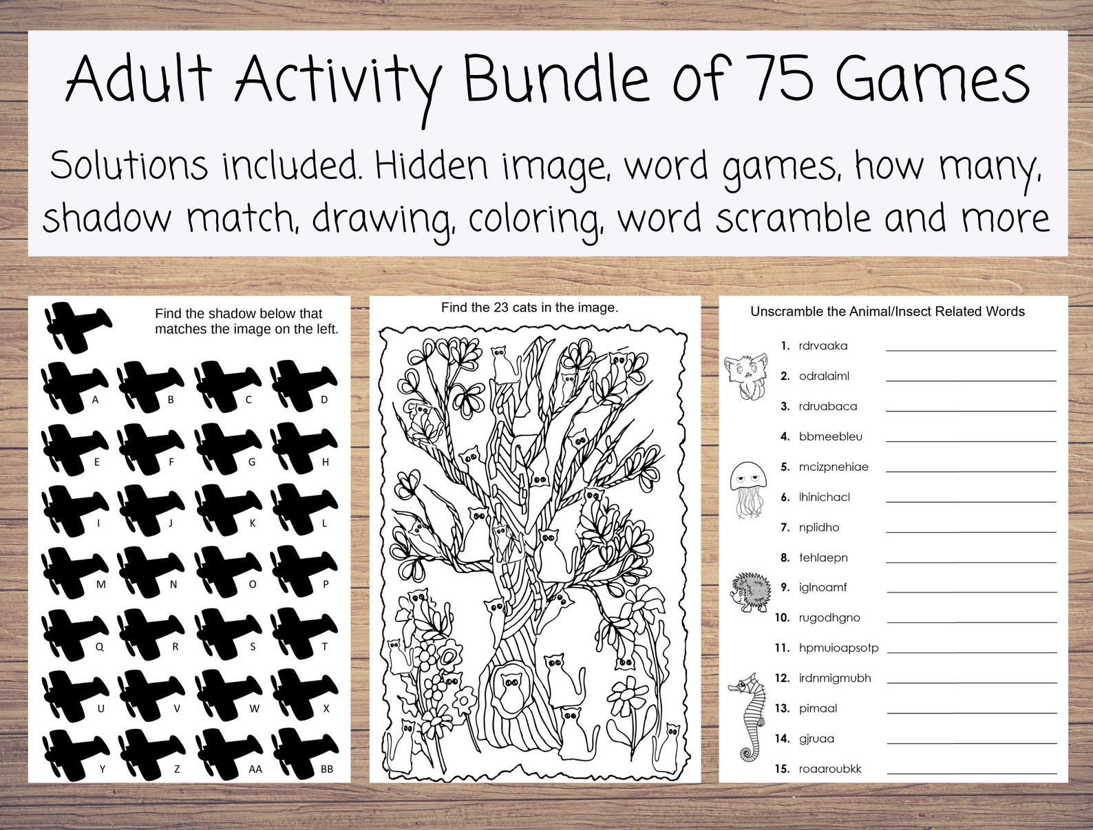 75 Printable Adult Activities, Adult Games: Coloring, Spot Difference ...