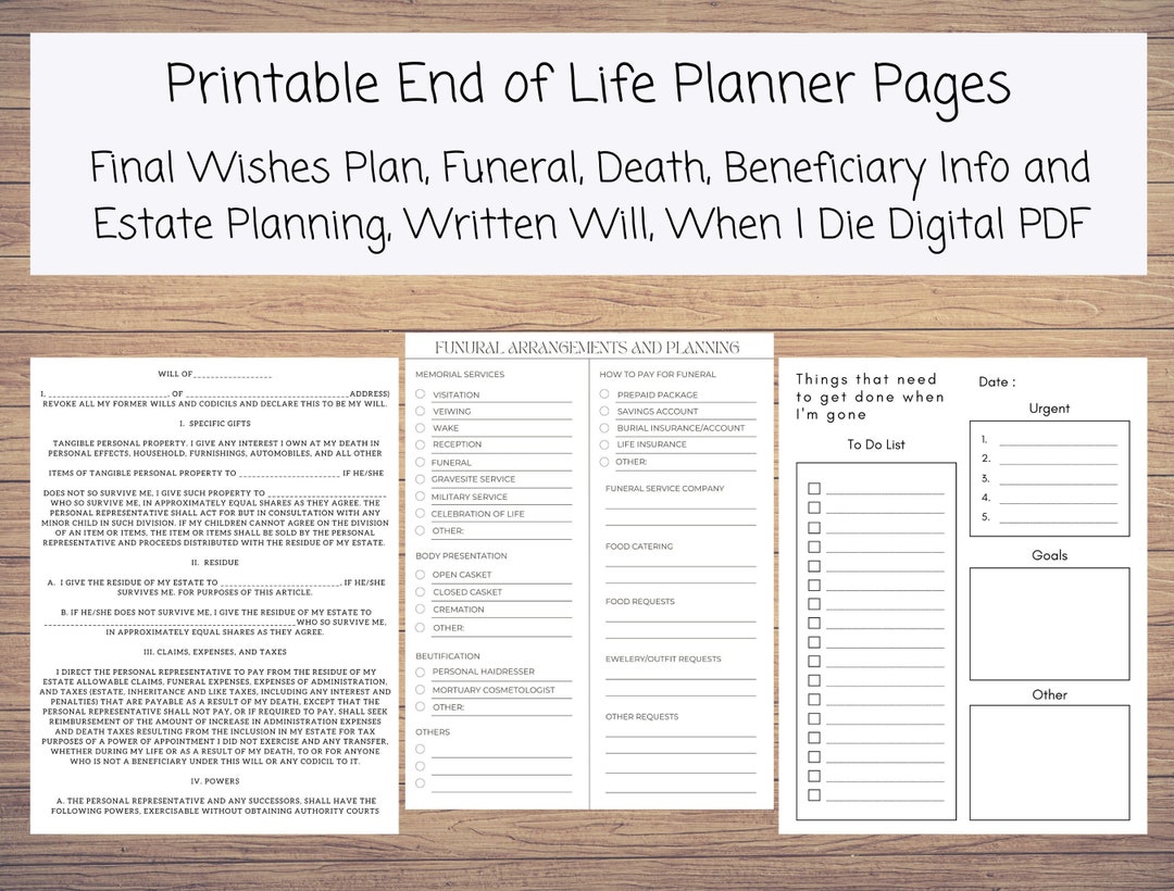 Printable End of Life Planner, Final Wishes Plan, Funeral, Death, Beneficiary Info and Estate ...