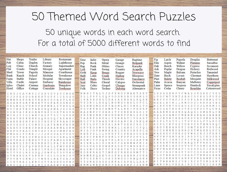 Printable PDF of 50 Word Search Puzzles With 5000 Unique Words to Find ...