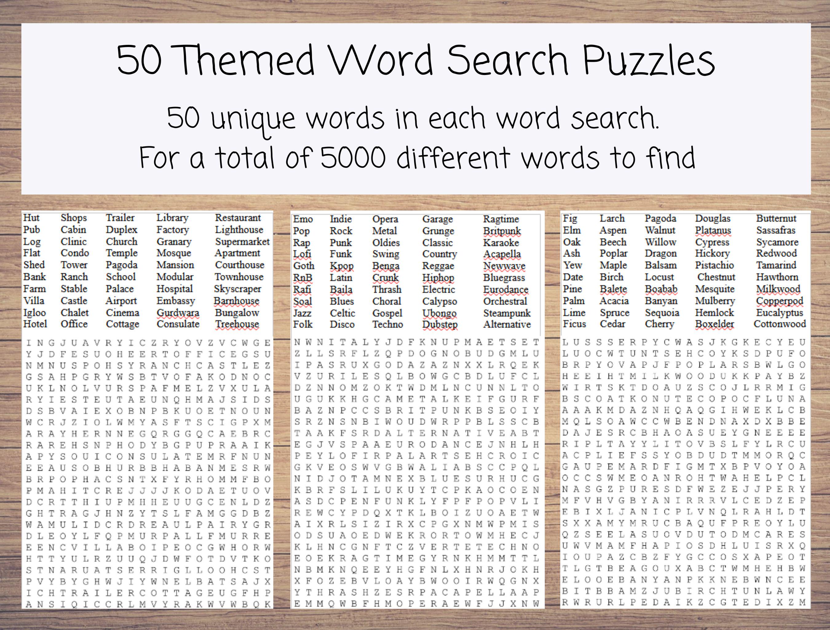 Printable PDF of 50 Word Search Puzzles With 5000 Unique Words to Find ...