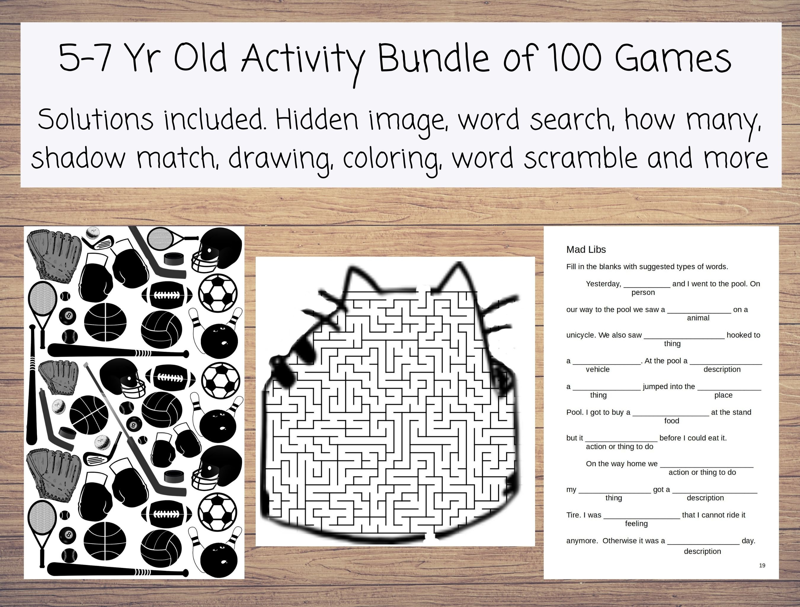 100 Printable Activities Kids Age 5-7: Coloring, Hidden Image, Math ...