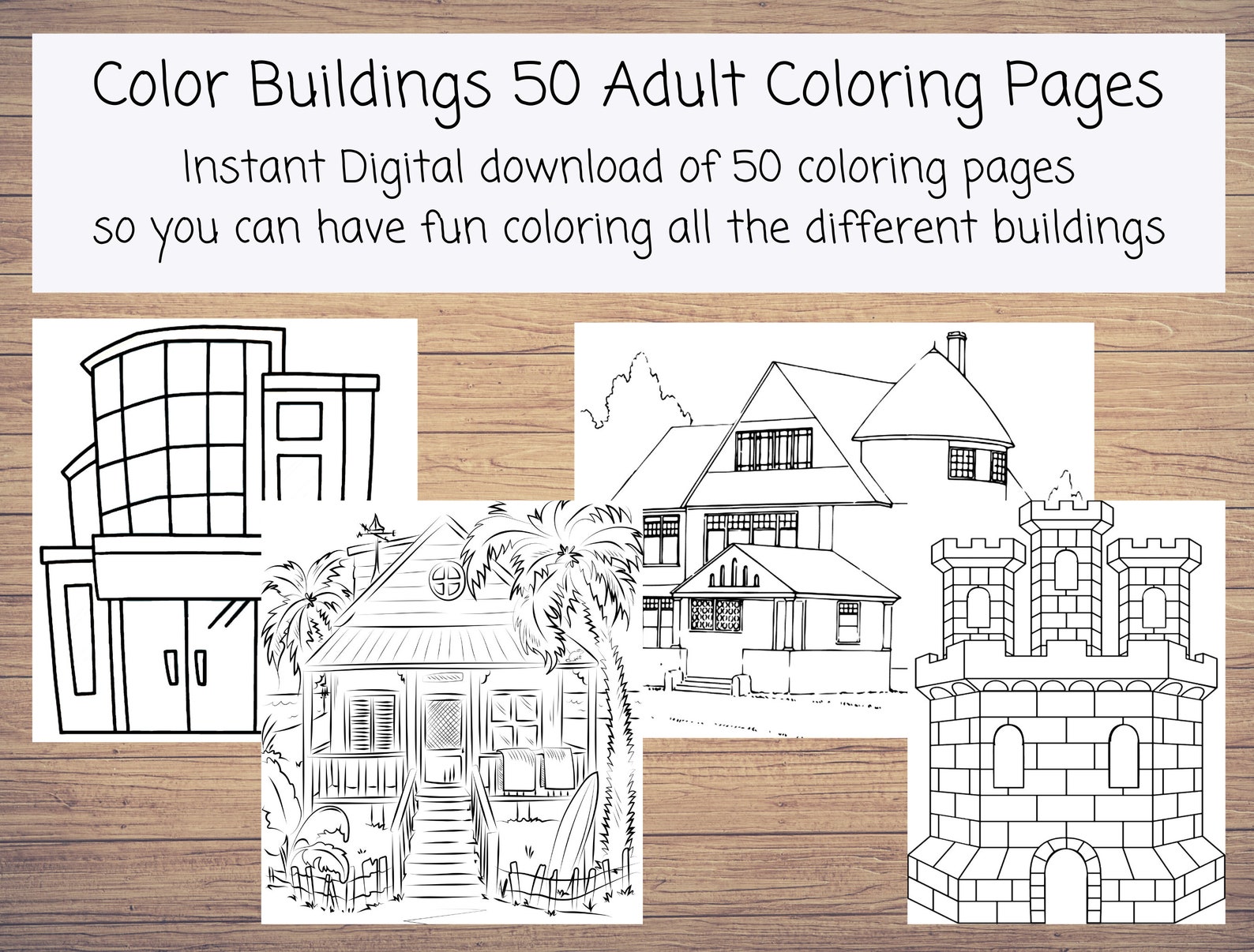 Instant Printable Coloring Pages of Buildings and Landscapes. 50 Color ...