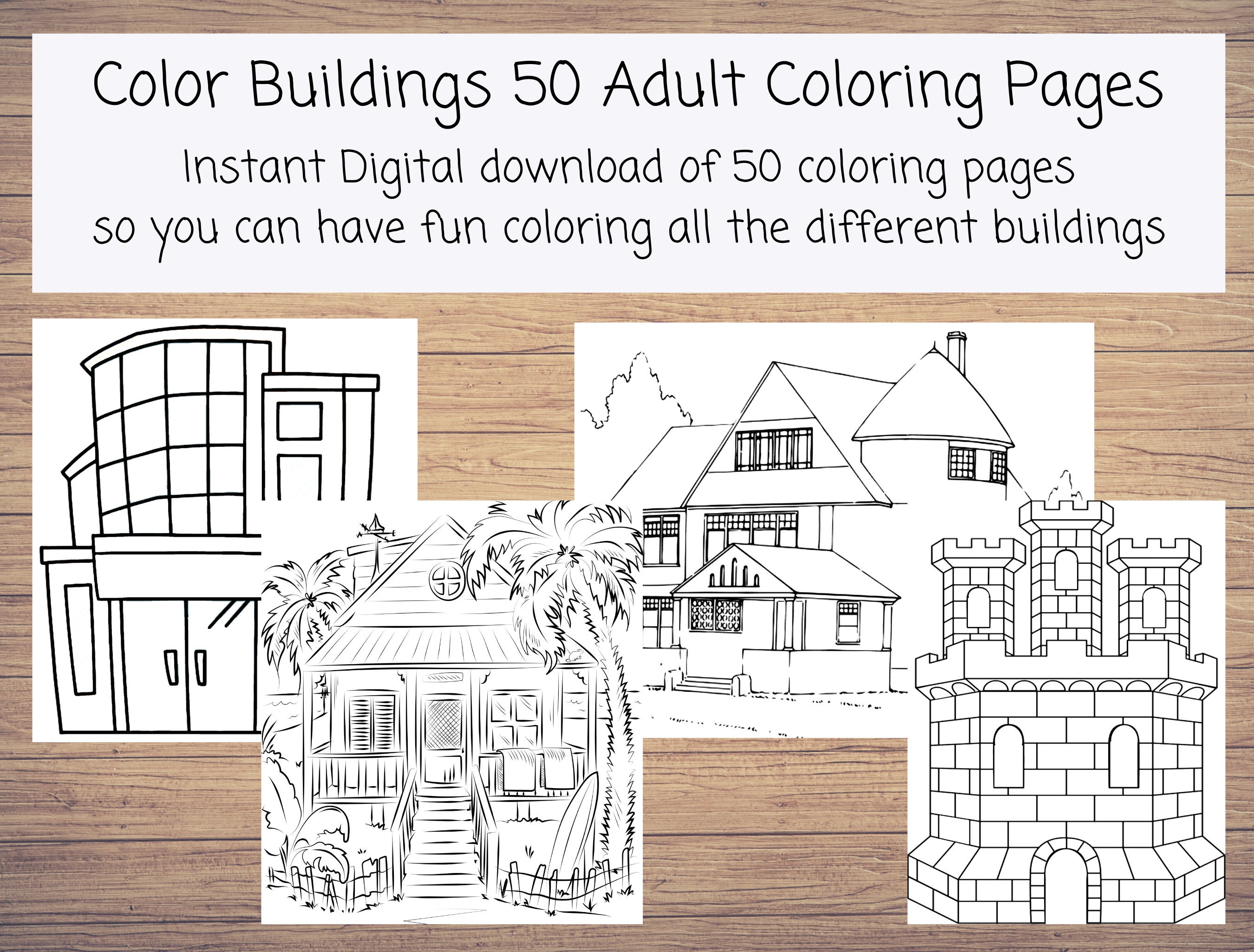 Instant Printable Coloring Pages of Buildings and Landscapes. 50 Color ...