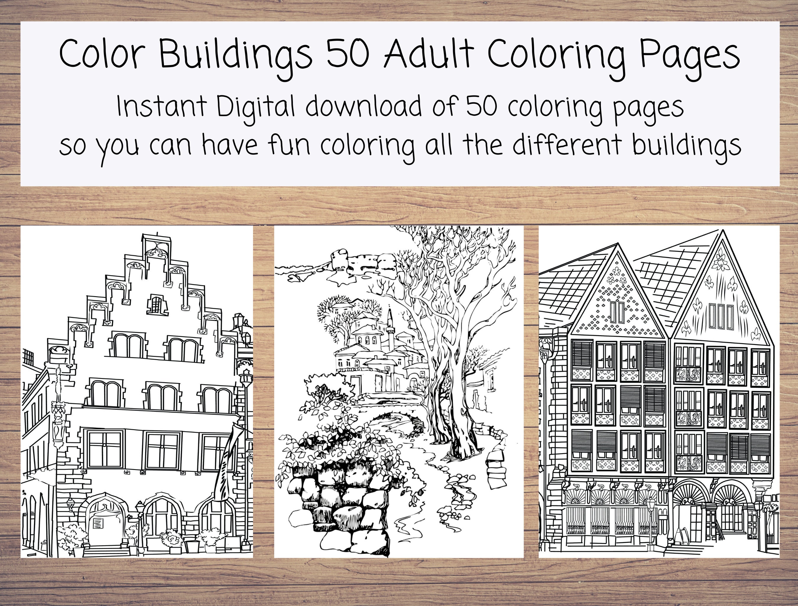 Instant Printable Coloring Pages of Buildings and Landscapes. 50 Color ...