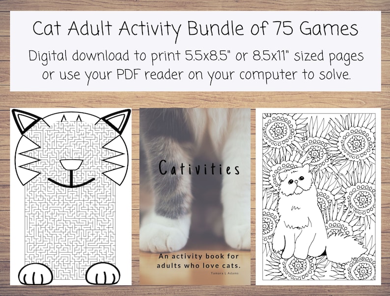 75 Cat Based Adult Activities, Adult Printable Games: Coloring, Spot ...