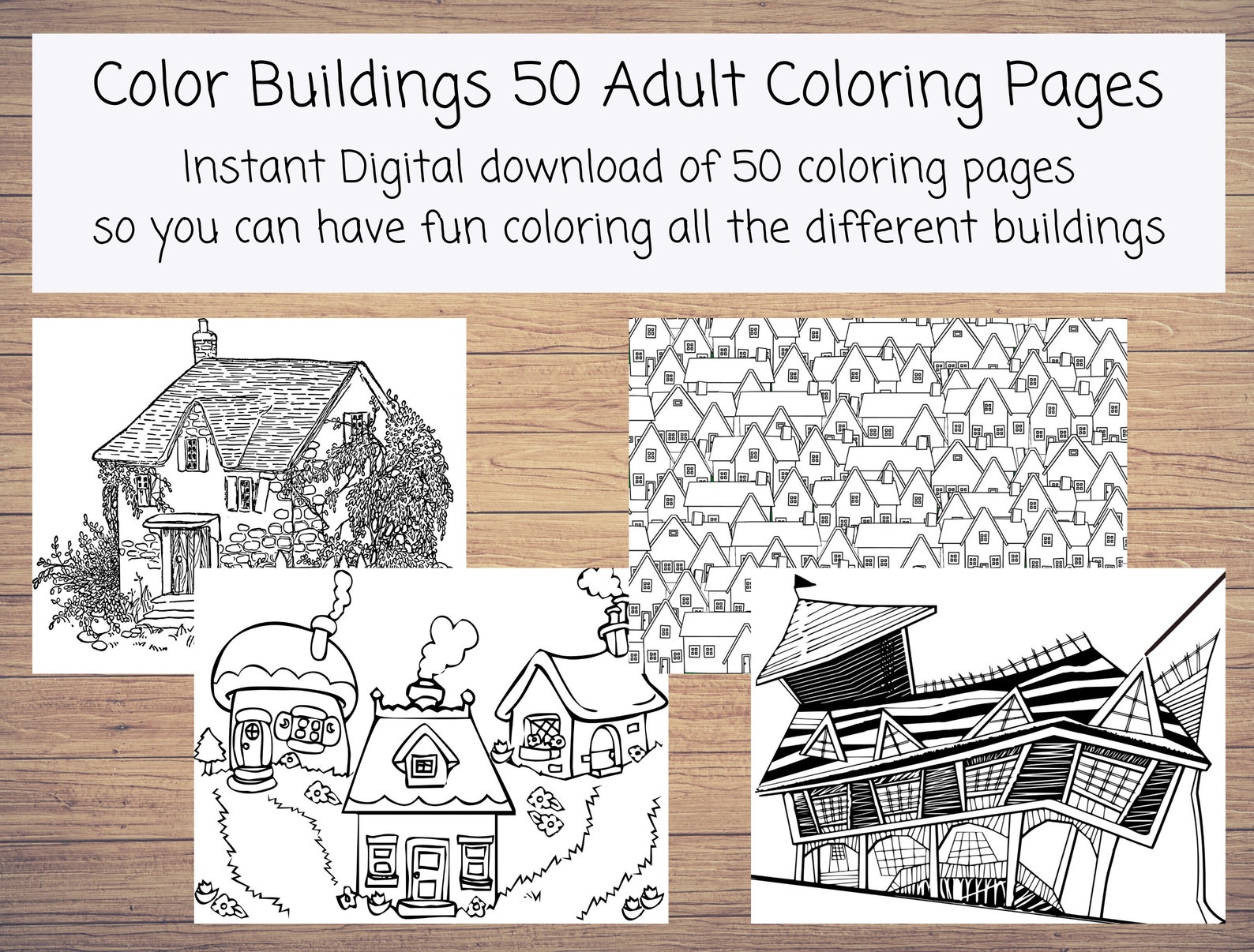 Instant Printable Coloring Pages of Buildings and Landscapes. 50 Color ...