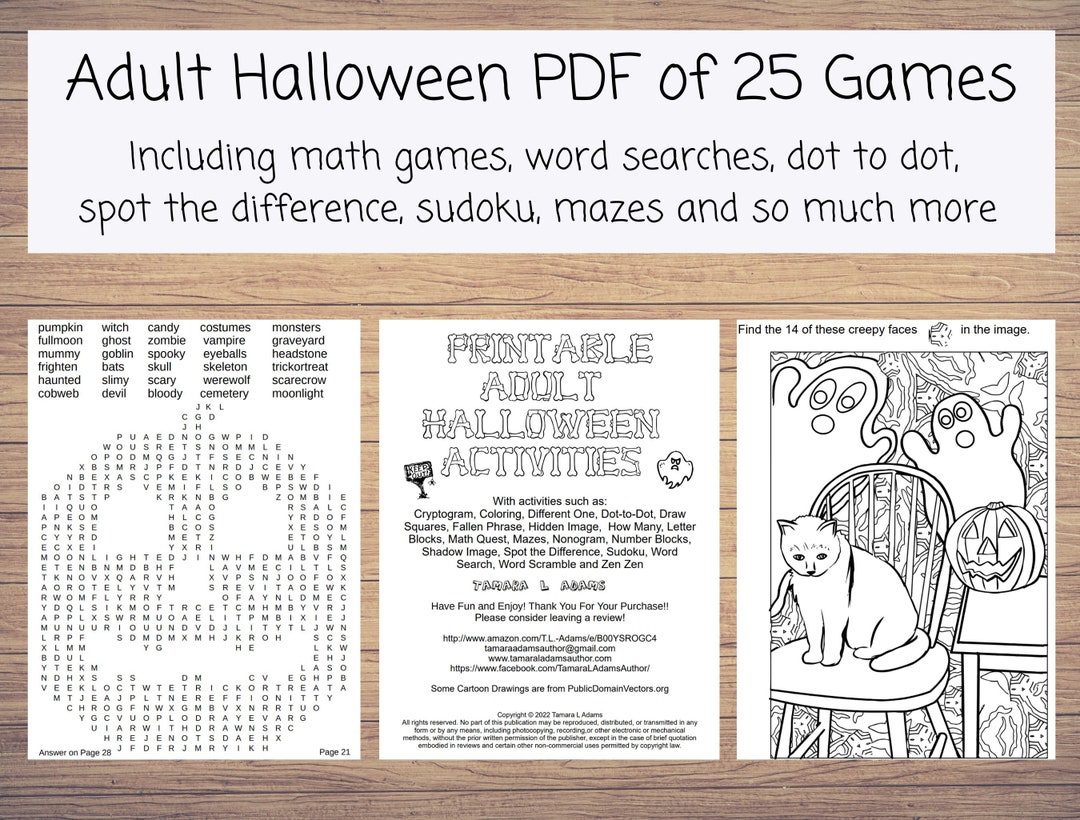 Halloween Adult Activities, Halloween Adult Games, Crossword, Hidden ...