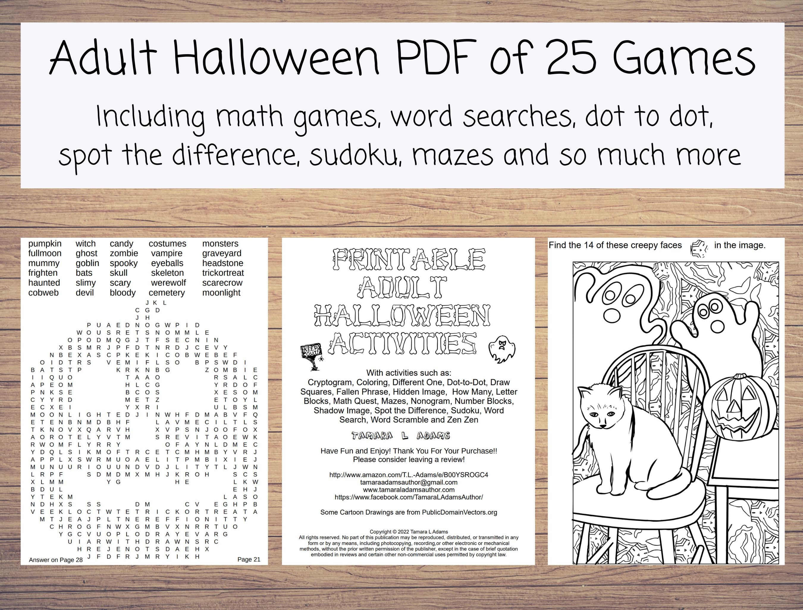 Halloween Adult Activities, Halloween Adult Games, Crossword, Hidden ...