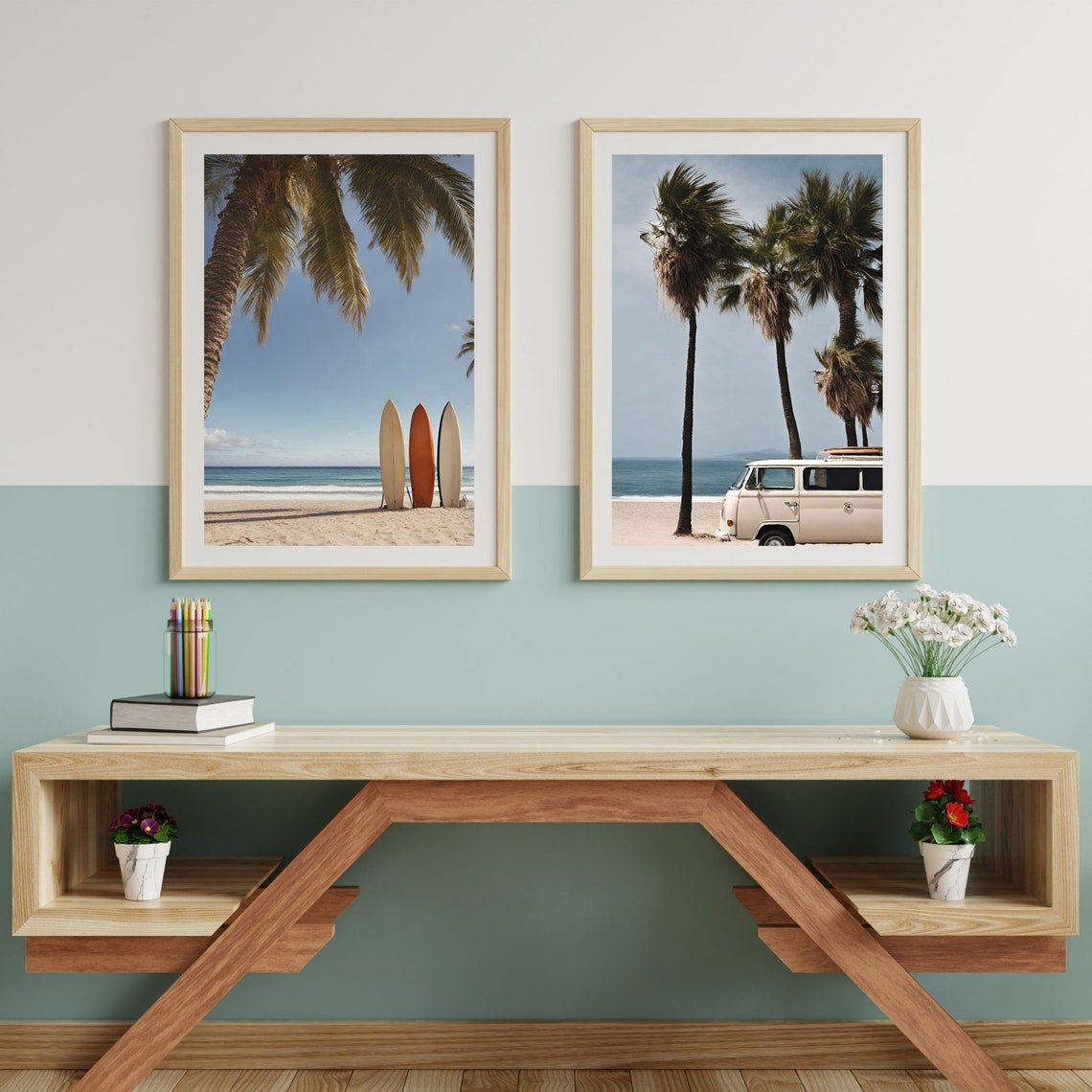 Tropical Coastal Set of 2 Posters, Surfboard Print, Surf Beach ...