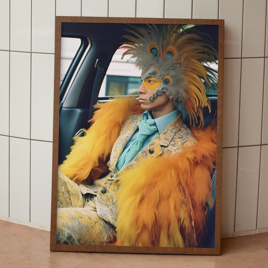Peacock Man Poster Latin American Man in Colorful Suit & Feathers ...
