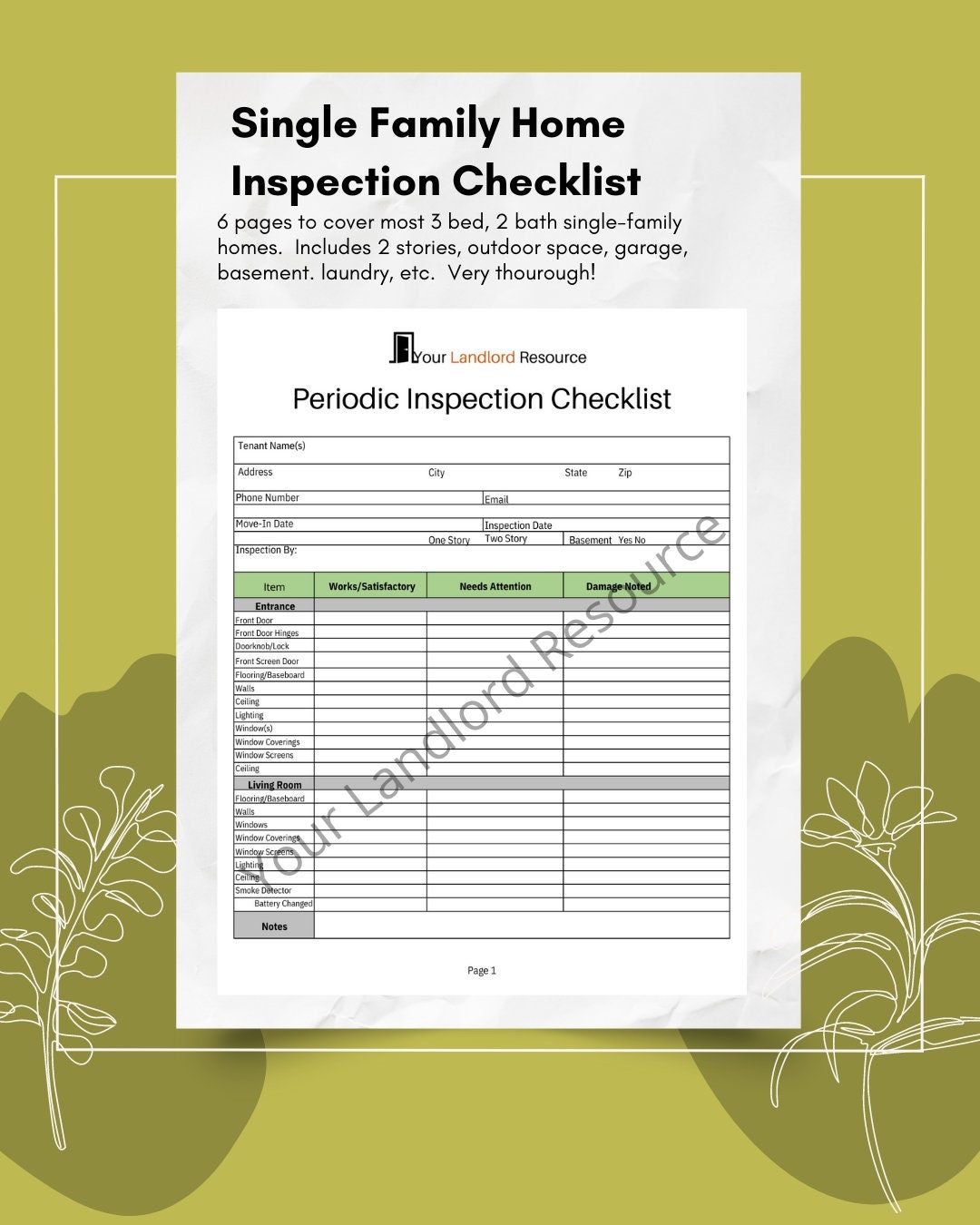 Your Landlord Resource Periodic Inspection Form: Single Family Home - Etsy