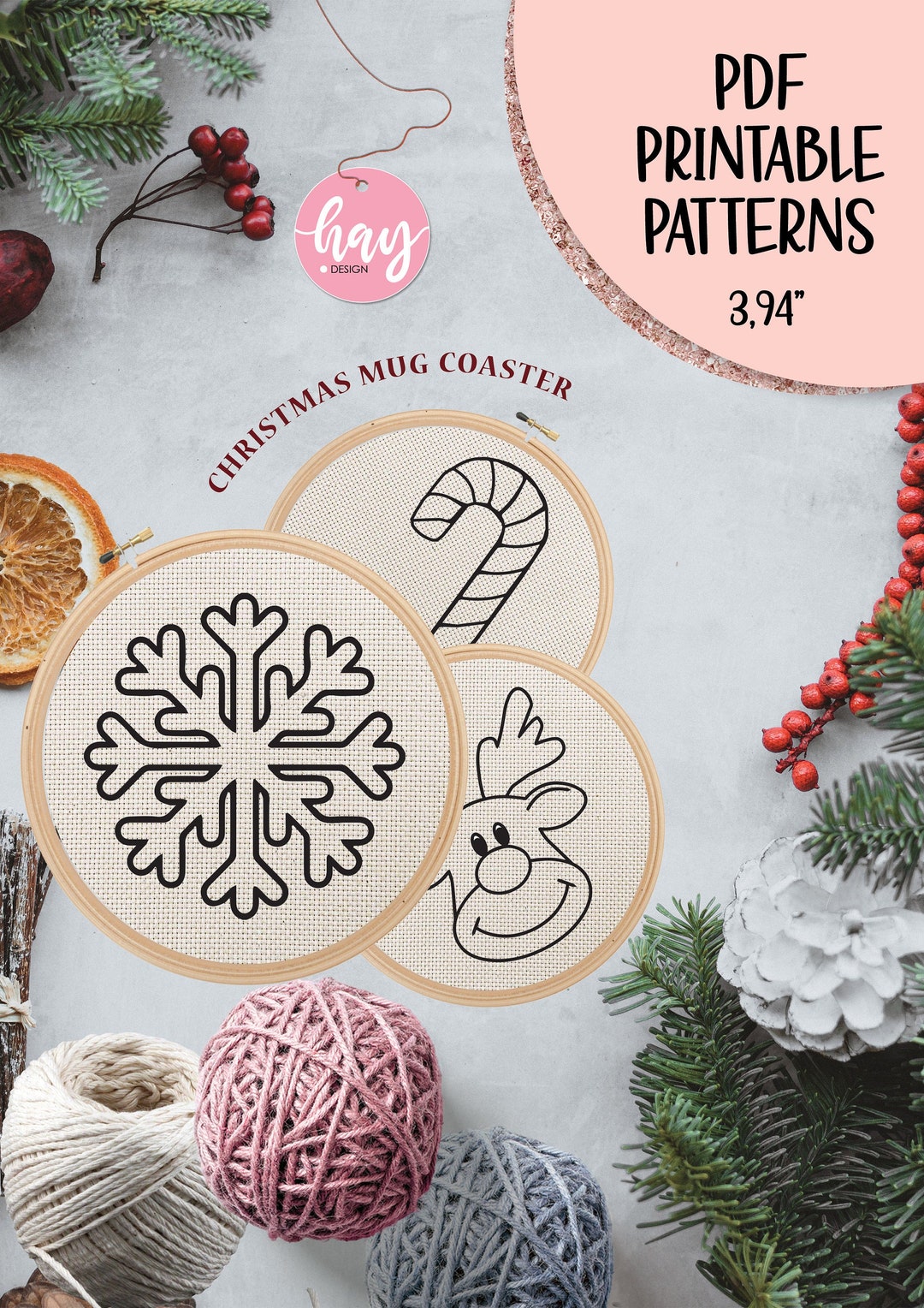 Christmas Patterns, Punch Needle, 14 PDF Printable Mug Coaster Patterns ...