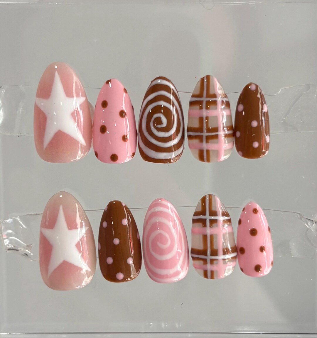 Polka Dot Press on Nails: Hand-painted Pink and Brown Gel Nail Art - Etsy