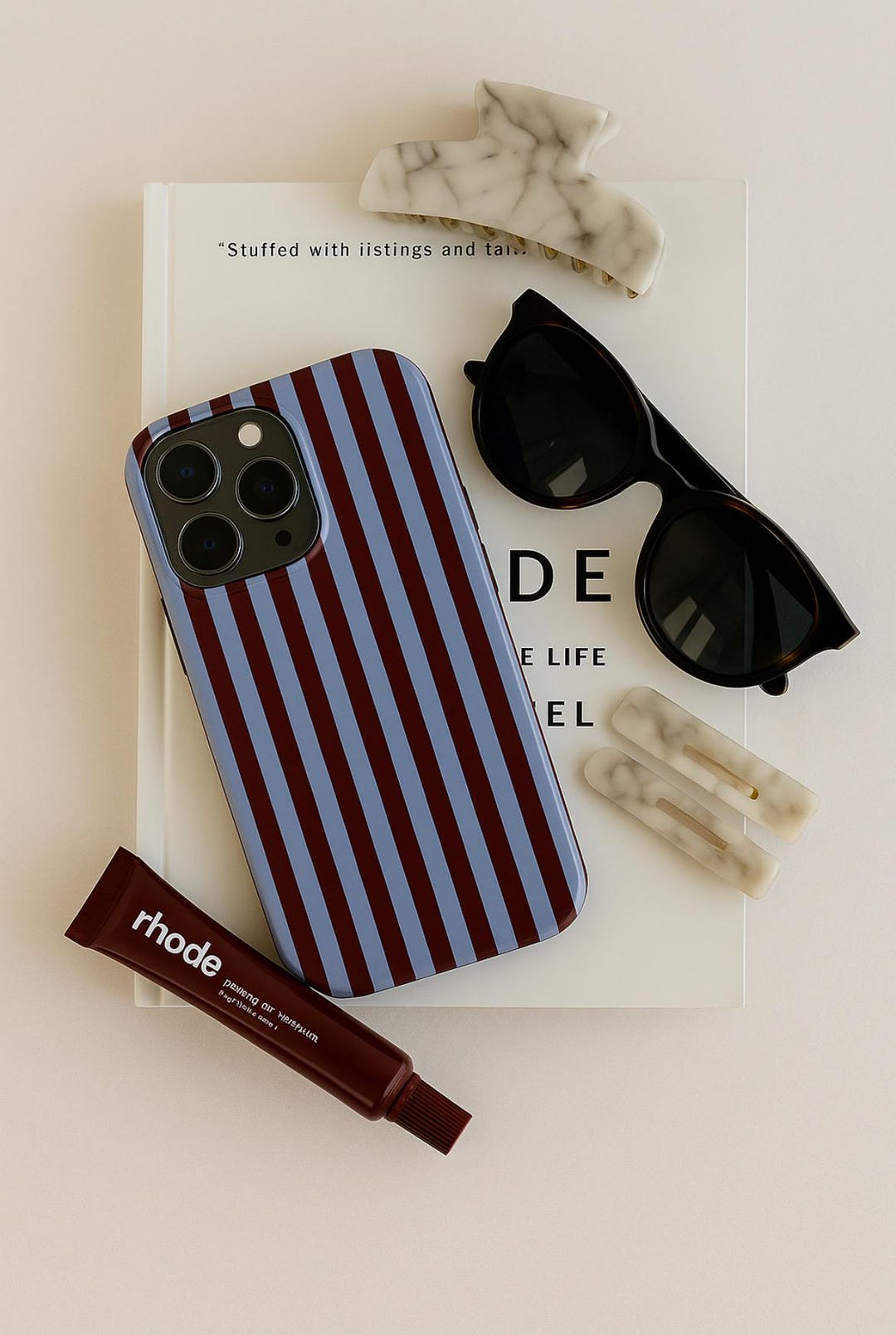 Thalia Case: Burgundy and Blue-lilac Striped Phone Case, Glossy ...