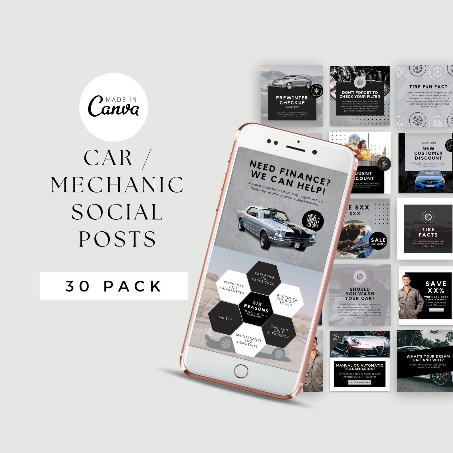 Car Mechanic Social Media Posts, 30 Pack, Editable Canva Template ...