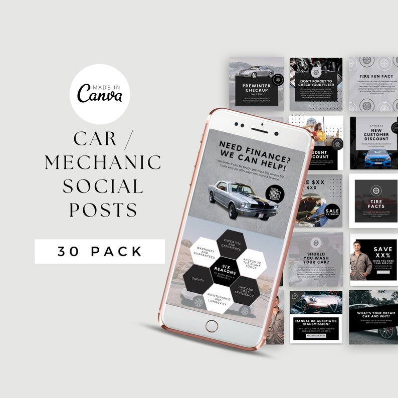 Car Mechanic Social Media Posts, 30 Pack, Editable Canva Template ...