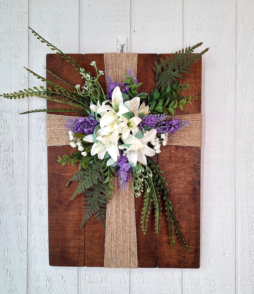 Easter Wreath, Cross on Wood Board, Christian Easter Wall Decor ...