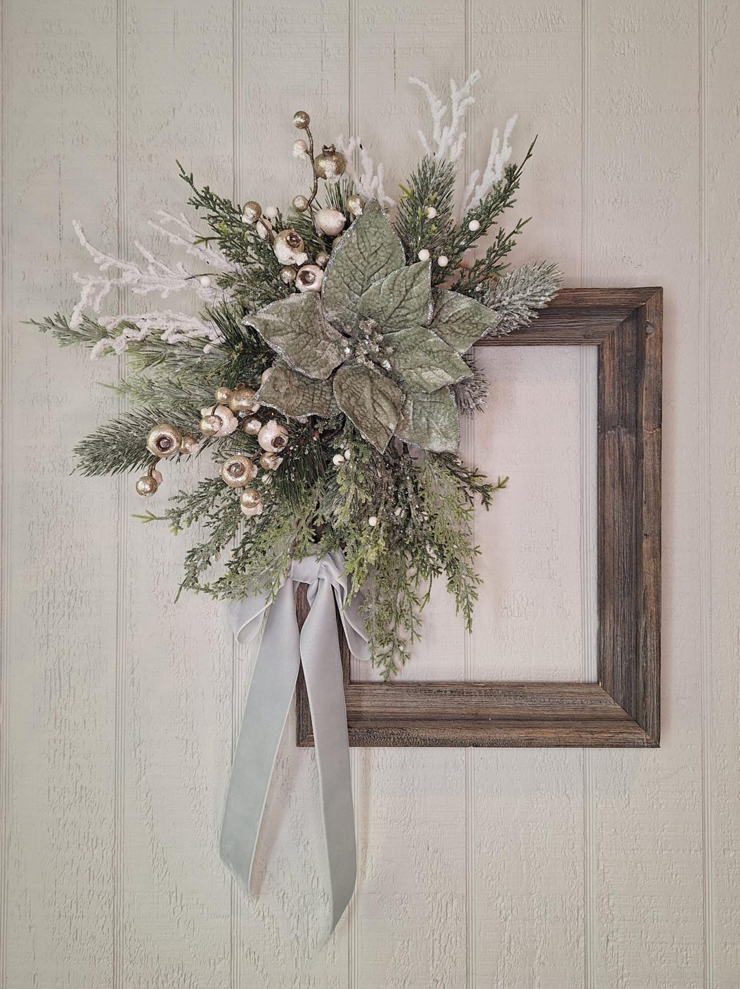 Winter Picture Frame Wreath Green and Silver, Green Poinsettia Wreath ...