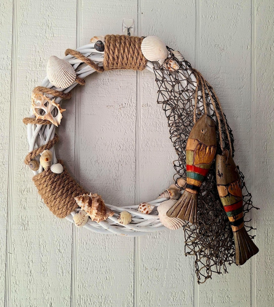 Beach Wreath With Seashells and Fish, Coastal Nautical Decor, Lake ...