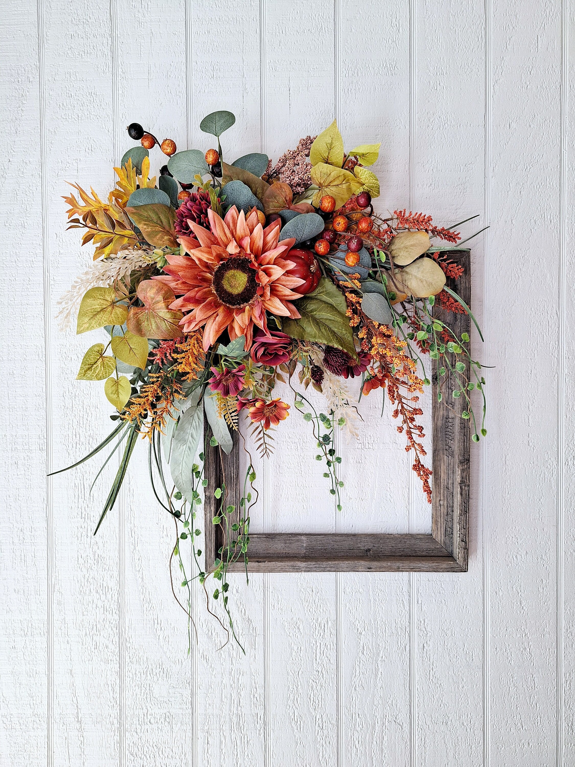 Fall Picture Frame Wreath, Rustic Wooden Frame Wreath, Autumn Sunflower ...