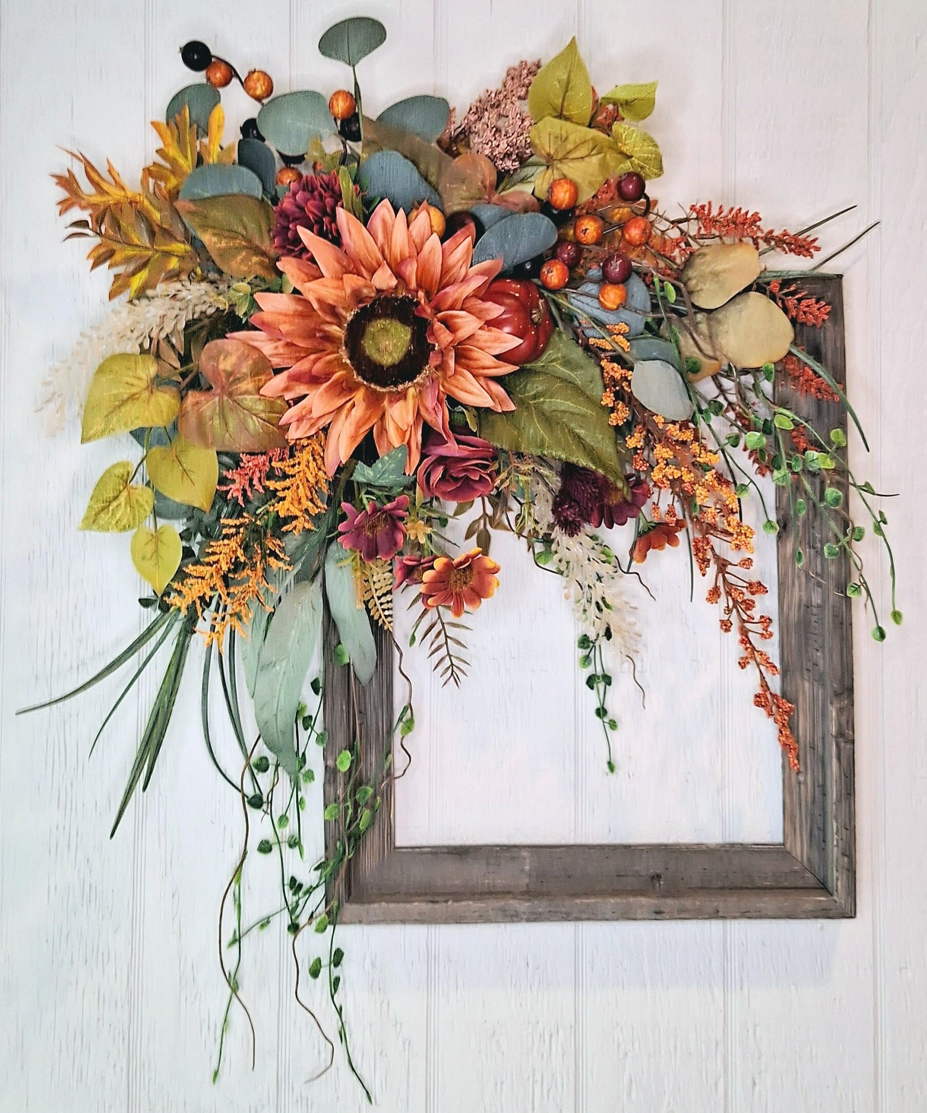 Fall Picture Frame Wreath, Rustic Wooden Frame Wreath, Autumn Sunflower ...