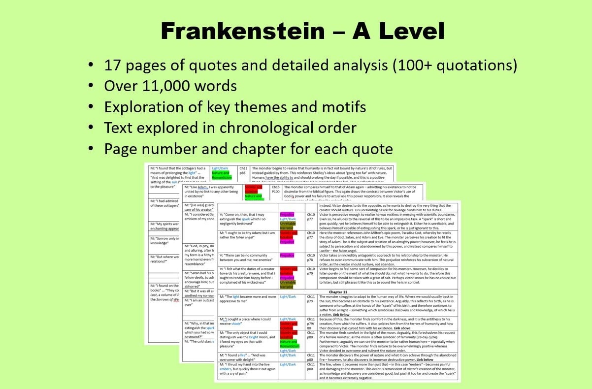 A* Frankenstein Quote Bank and Analysis A-level English Literature - Etsy
