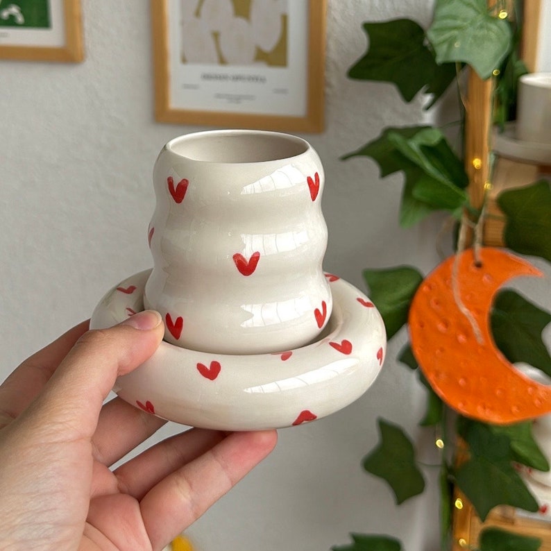 Handmade Ceramic Red Heart Donut Set - Etsy