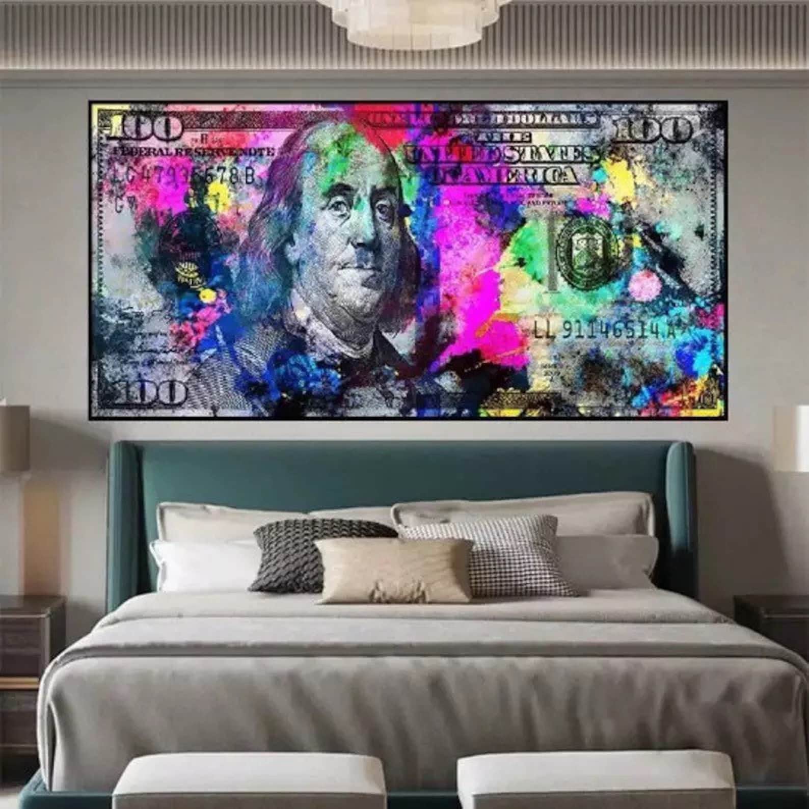 100 Dollar Bill Wall Art Painting Print on Canvas Benjamin Franklin ...