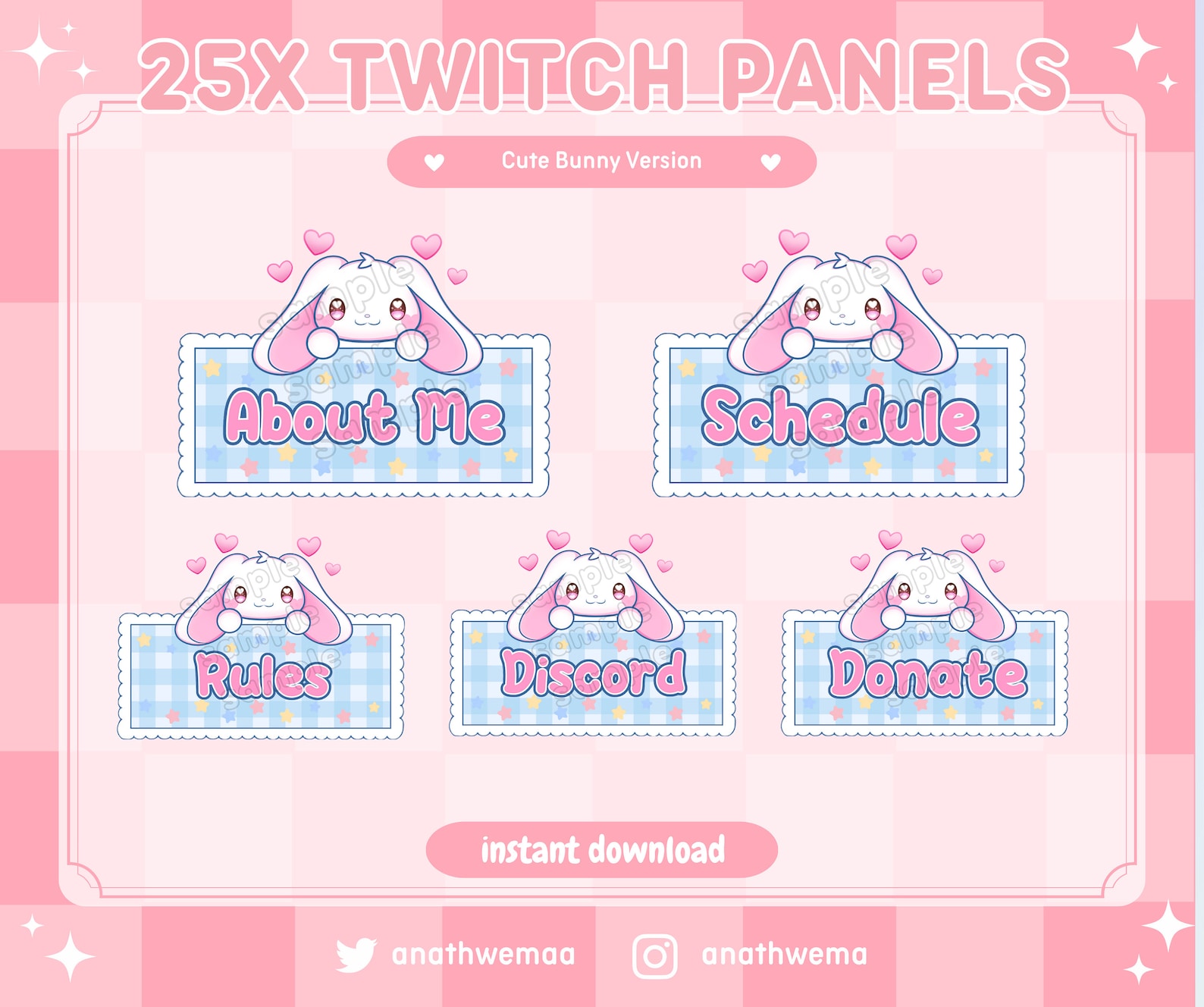 25x Cute Bunny Plush Twitch Panels | Pastel Pink Uwu Aesthetic Plushie ...