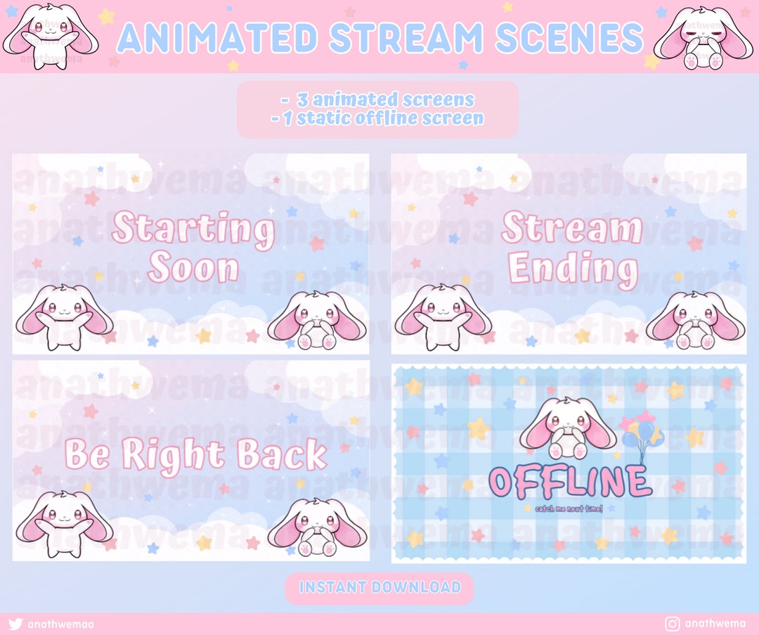 Cute Animated + Static Screens for Twitch Bunny Plush Set | Starting ...