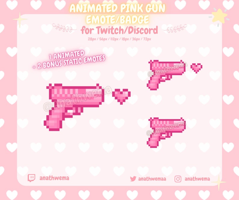 1 ANIMATED + 2 STATIC Pixel Art Pink Heart Gun | Twitch Emote | 8 Bit ...