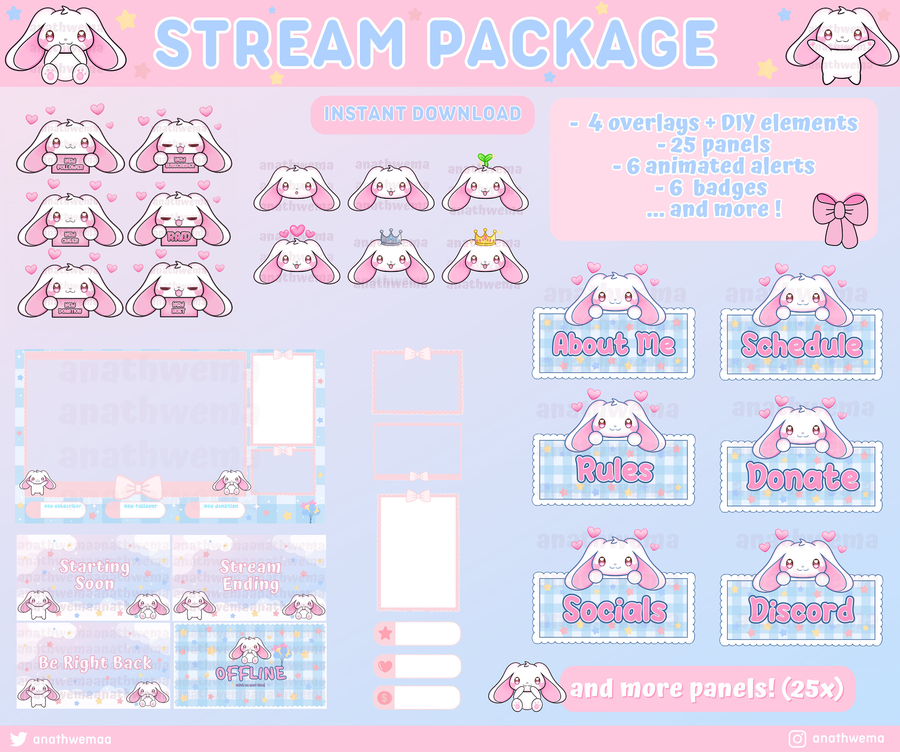 Twitch Cute Bunny Plush Stream Package | Overlay, Alerts, Panels ...